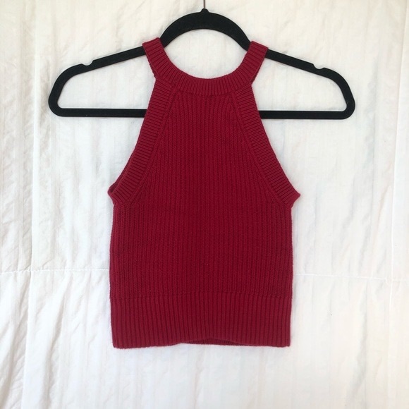Express | Tops | Nwot Maroon Knit Crochet Fitted Ribbed Red High Neck ...